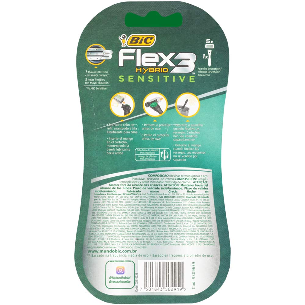 Aparelho +lamina Bic Flex3 Com 1+5 Hybrid Sensitive - precopopular